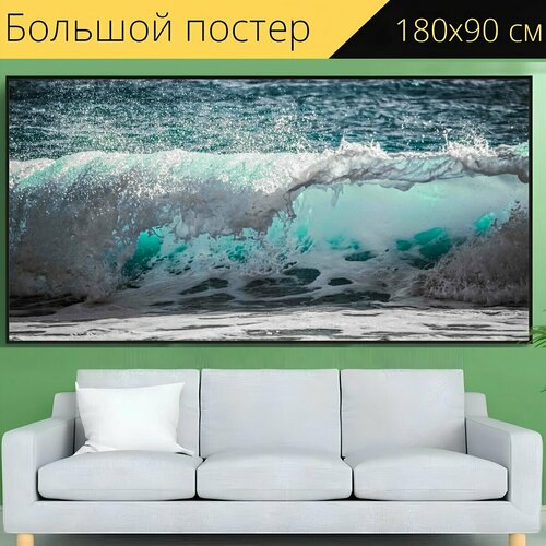 Большой постер "Волна, вода, море" 180 x 90 см. для интерьера