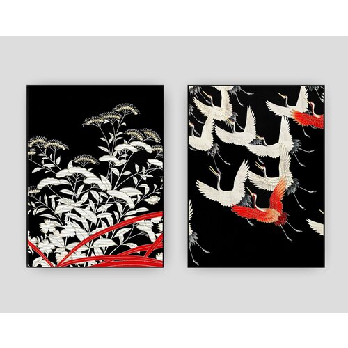 Набор интерьерных постеров - "Журавли на черном" 2 шт А3 без рамы, восточный стиль. 2 винтажных плаката в стиле японской гравюры "Минимализм и Модерн"