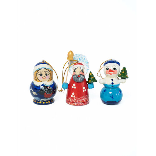 Набор елочных игрушек 3 шт "Дед Мороз с посохом и елкой" ручная работа