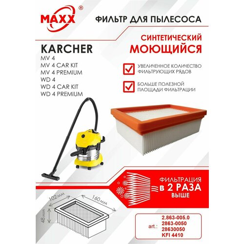 Плоский складчатый фильтр синтетический, моющийся для пылесоса Karcher MV 4, MV 4 Premium, Karcher WD 4, WD 4 Premium