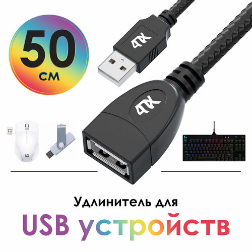 Удлинитель USB AM/AF для подключения USB устройств 480 Мбит/с (4PH-UN3) черный 0.5м