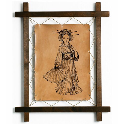 Картина Гейша, гравировка на натуральной коже, интерьерная для украшения и декора на стену в деревянной раме, подарок, BoomGift