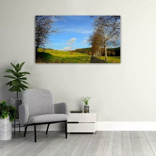 Картина на холсте 60x110 LinxOne "Дорога осень поле" интерьерная для дома / на стену / на кухню / с подрамником