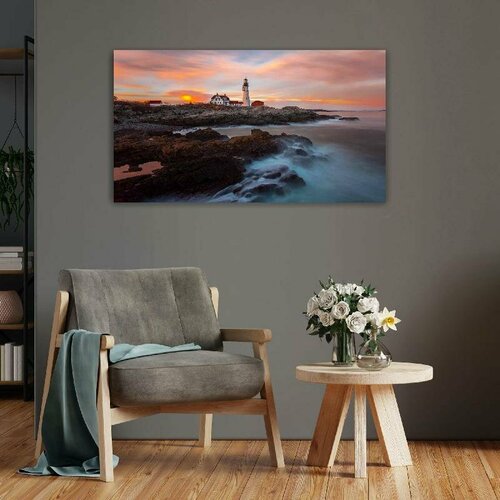 Картина на холсте 60x110 LinxOne "Залив маяк скалы Облака" интерьерная для дома / на стену / на кухню / с подрамником