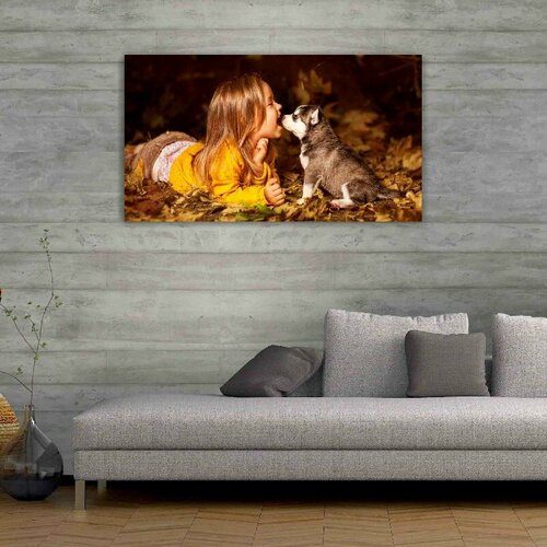 Картина на холсте 60x110 LinxOne "Осень малышка девочка щенок" интерьерная для дома / на стену / на кухню / с подрамником