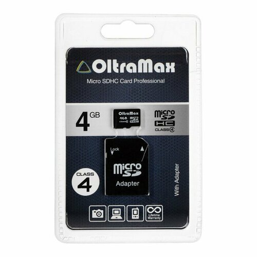 Карта памяти OltraMaх MicroSD, 4 Гб, SDHC, класс 4, с адаптером SD