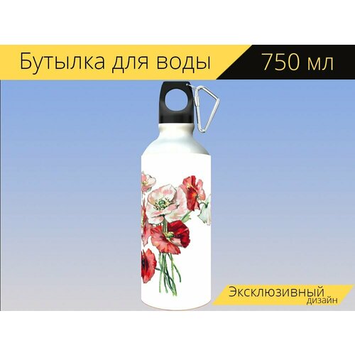 Бутылка фляга для воды "Цветы, маки, мак" 750 мл. с карабином и принтом