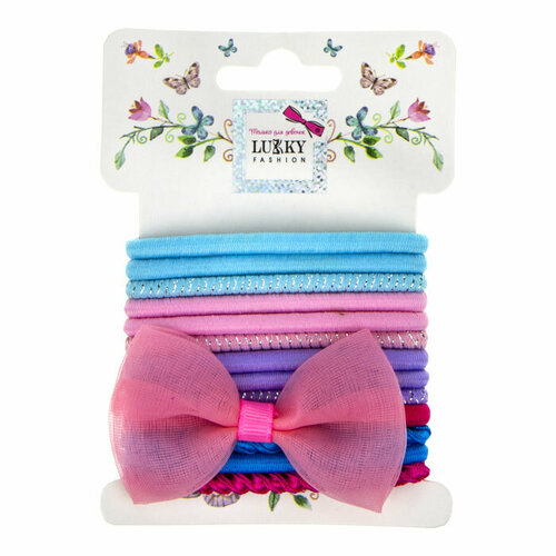 Набор резинок Lukky Fashion для волос 13 шт (12 обычных резинок + 1 резинка с бантиком), 5 цветов в наборе (голубой, розовый, фиолетовый, синий, красн