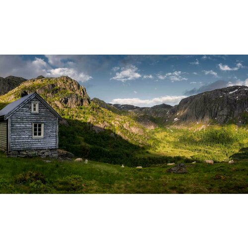 Картина на холсте 60x110 LinxOne "Овцы Норвегия Дома Горы" интерьерная для дома / на стену / на кухню / с подрамником