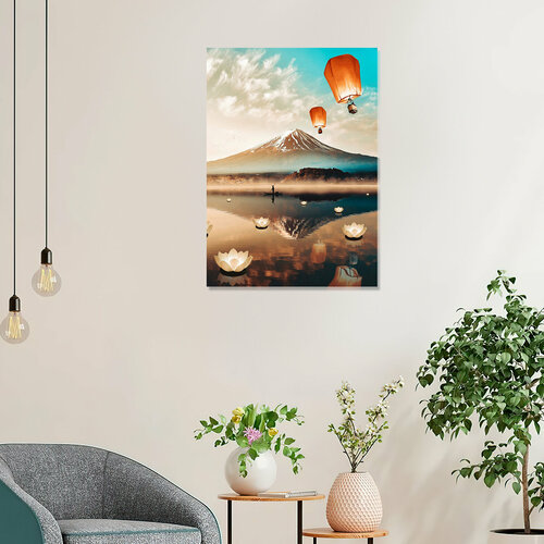 Интерьерная картина на холсте - Гора Фудзи фонарики озеро лотосы 60х80