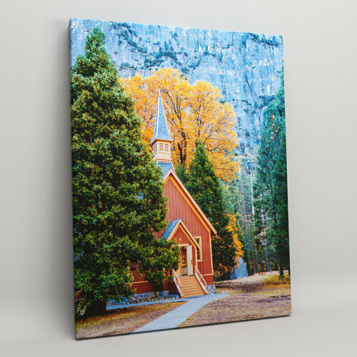 Картина на холсте (интерьерный постер) "Пейзаж - церковь на фоне гор", с деревянным подрамником, размер 22x30 см