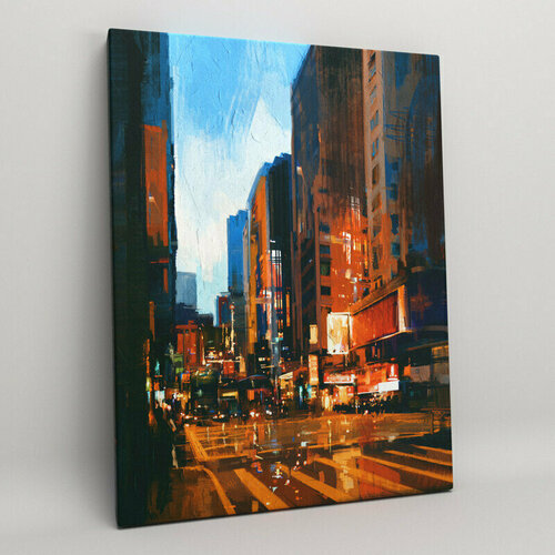 Картина на холсте (интерьерный постер) "Арт - Улицы в современном городском городе - вечером 3", с деревянным подрамником, размер 45x60 см