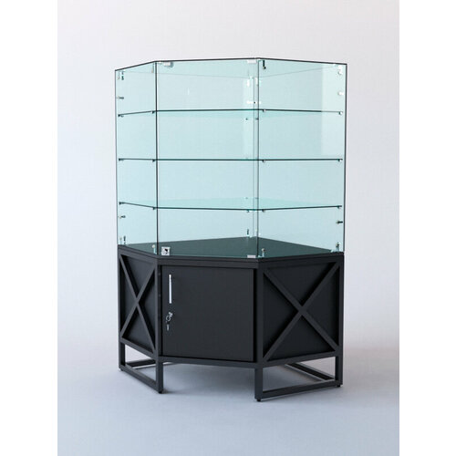Витрина стеклянная "лофт стиль" островная №302 (с дверкой, фасад - стекло), Черный 78 x 78 x 131 см (ДхШхВ)