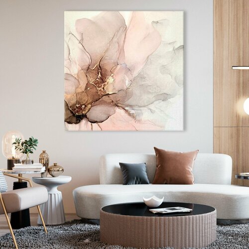Квадратная картина на холсте для интерьера - абстракция, нежно-розовый мрамор 70х70 см