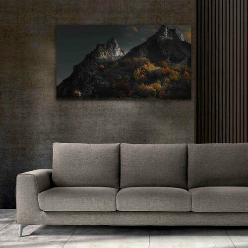 Картина на холсте 60x110 LinxOne "Лес бык облака горы деревья" интерьерная для дома / на стену / на кухню / с подрамником
