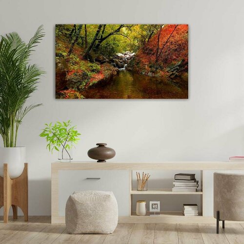 Картина на холсте 60x110 LinxOne "Осень Trees Forest Речка" интерьерная для дома / на стену / на кухню / с подрамником