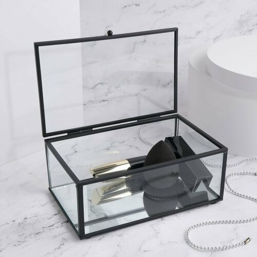 Органайзер для хранения, 1 секция, с крышкой, стеклянный, с зеркальным основанием, 17 × 10,5 см, цвет прозрачный/чёрный