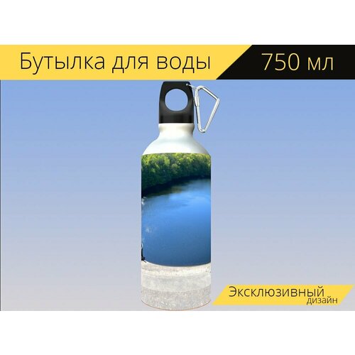 Бутылка фляга для воды "Эйфель, озеро, пейзаж" 750 мл. с карабином и принтом