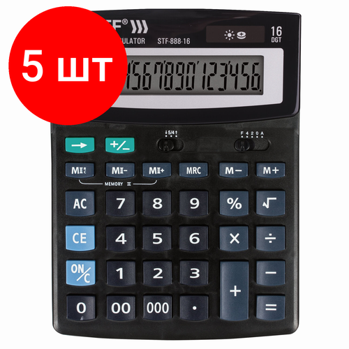 Комплект 5 шт, Калькулятор настольный STAFF STF-888-16 (200х150 мм), 16 разрядов, двойное питание, 250183