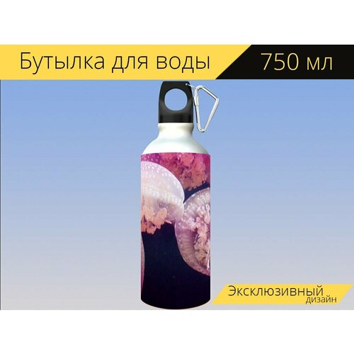 Бутылка фляга для воды "Медуза, розовый, морские существа" 750 мл. с карабином и принтом