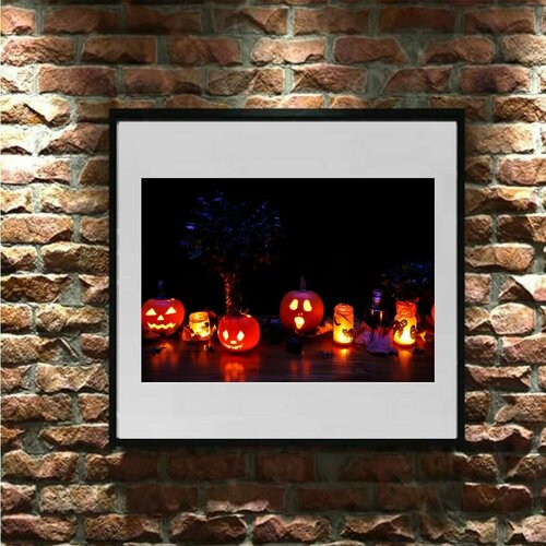 Постер "Тыквы и баночки со свечками" на Хэллоуин (Halloween) от Cool Eshe из коллекции "Праздники", плакат на стену А4 (29,7 х 21 см)