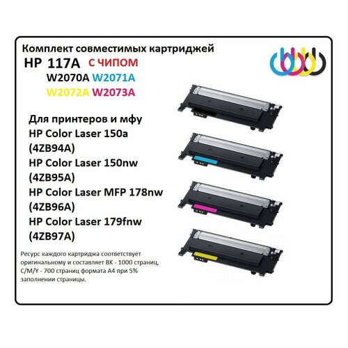 Комплект совместимых картриджей HP 117A, HP W2070A Black, HP W2071A Cyan, HP W2072A Yellow, HP W2073A Magenta, С чипом