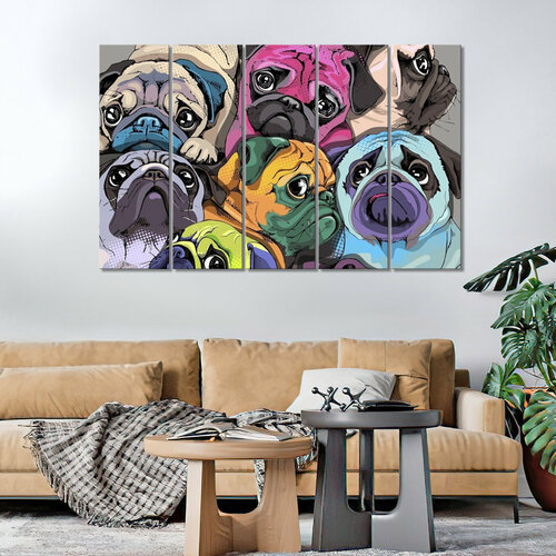 Модульная картина/Модульная картина на холсте/Модульная картина в подарок/ мопсы разноцветные/pug dogs are colorful 150х100
