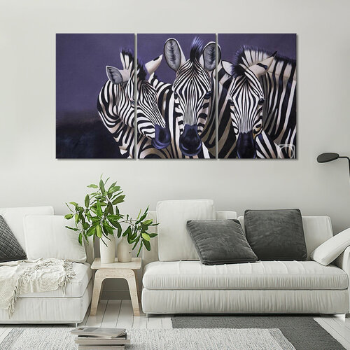 Модульная картина/Модульная картина на холсте/Модульная картина в подарок/ Три зебры на синеМфоне/Three zebras on a blue background 90х50