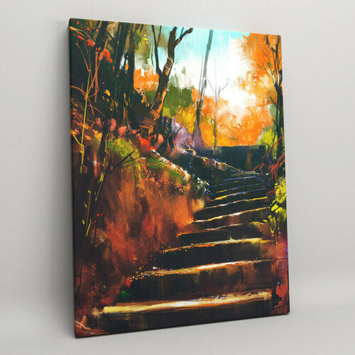 Картина на холсте (интерьерный постер) "Крутые порожки в осеннем лесу", с деревянным подрамником, размер 45x60 см