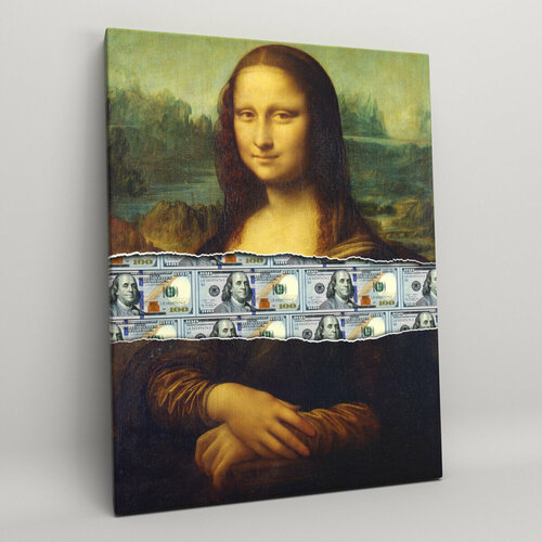 Картина на холсте (интерьерный постер) "Мона Лиза - доллары", с деревянным подрамником, размер 45x60 см