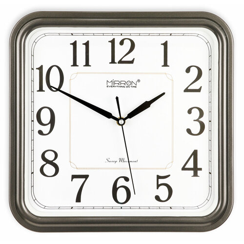 Настенные кварцевые часы MIRRON P2567A ТСБ/Большие квадратные часы/Белый (светлый) циферблат/Серый цвет корпуса/Часы в подарок/Бесшумные кварцевые часы