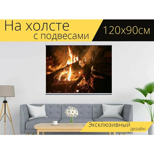 Картина на холсте "Лагерь, пожар, отдых на природе" с подвесами 120х90 см. для интерьера