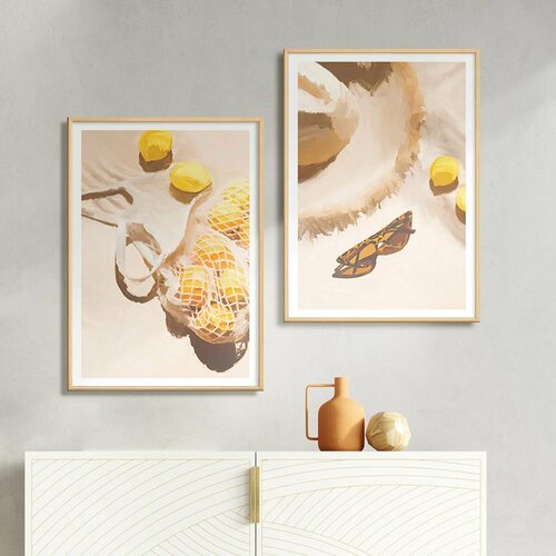 Постер 2 шт 40х50 без рамки "Репродукция лимоны на пляже" набор картин для интерьера