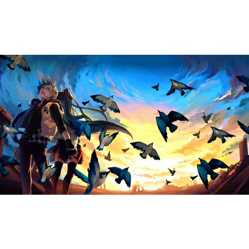 Картина на холсте 60x110 LinxOne "Hatsune miku, птички, небо" интерьерная для дома / на стену / на кухню / с подрамником
