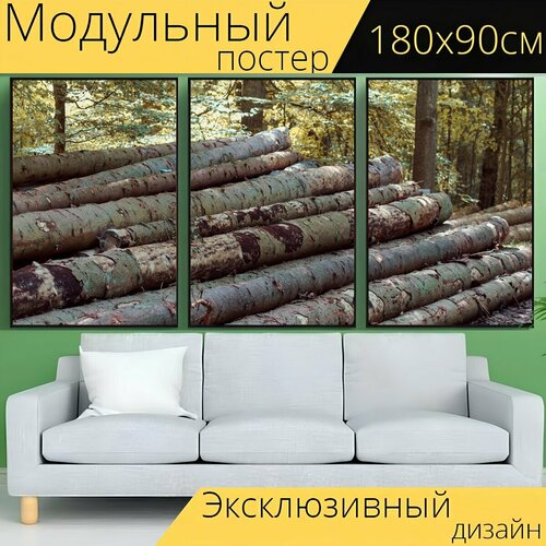 Модульный постер "Стволы деревьев, древесина, лес" 180 x 90 см. для интерьера
