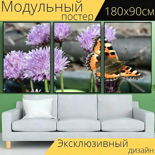 Модульный постер "Чеснок, бабочка, природа" 180 x 90 см. для интерьера