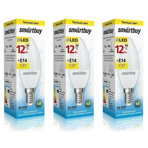 Лампа светодиодная Smartbuy LED C37 12W 3000К Е14, теплый свет, 3 шт