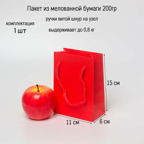 Пакет 11х15х6 красный витой шнур меловка VIP - 1шт.
