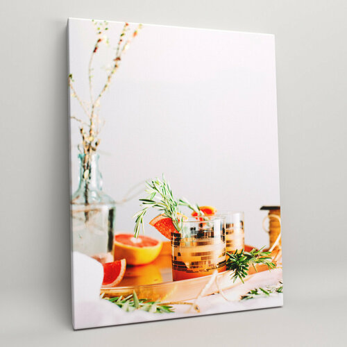 Картина на холсте (интерьерный постер) "Грейпфрутовый коктейль с розмарином" для кухни, кафе и ресторанов, с деревянным подрамником, размер 30x40 см