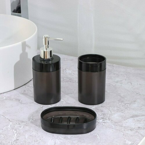 Набор для ванной комнаты 3 предмета: стакан для зубных щёток, дозатор, мыльница, цвет чёрный (комплект из 2 шт)