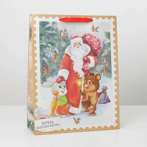 Пакет крафтовый вертикальный «Дедушка мороз и зверята», L 31 × 40 × 11.5 см (комплект из 15 шт)