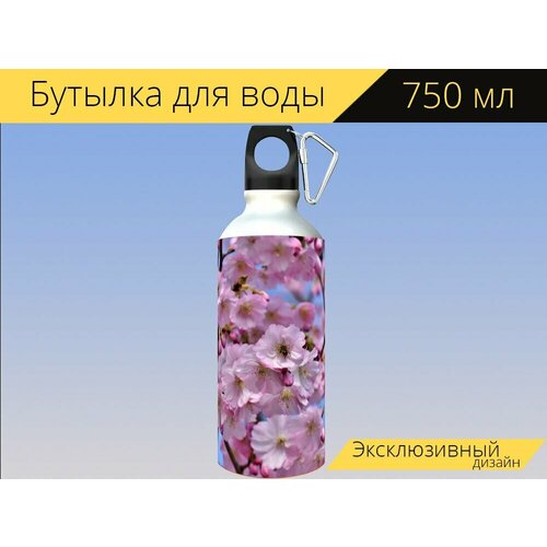 Бутылка фляга для воды "Декоративная вишня, вишни в цвету, цветущая ветка" 750 мл. с карабином и принтом