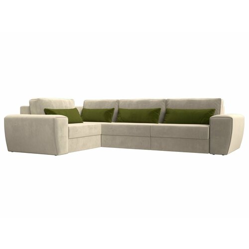 Угловой диван Лига-008 Long левый, Микровельвет бежевый, подушки бежевые и зеленые