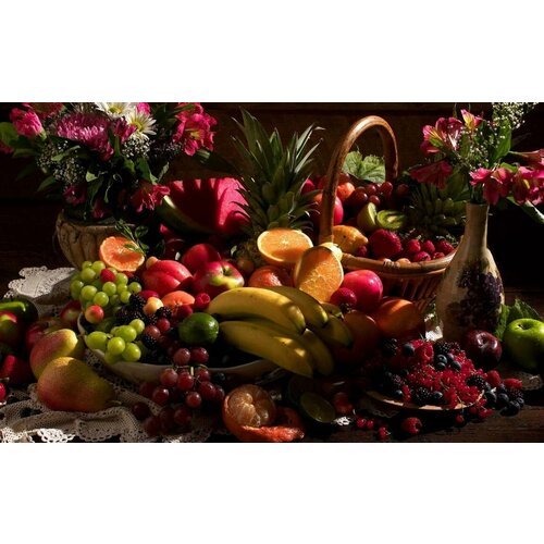 Картина на холсте 60x110 LinxOne "Натюрморт, стол, фрукты, цветы" интерьерная для дома / на стену / на кухню / с подрамником