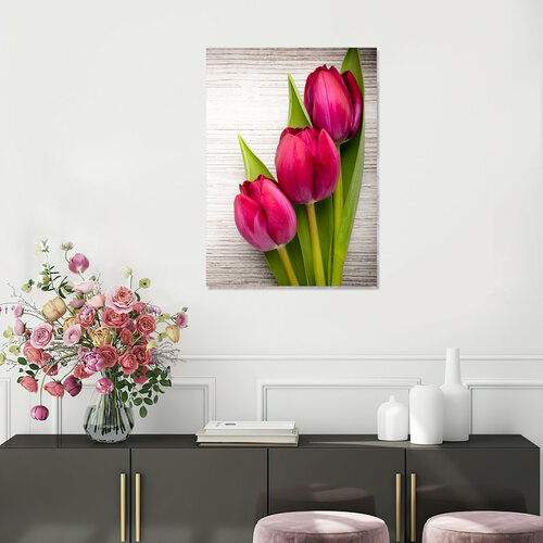 Интерьерная картина на холсте - три тюльпана цвета фуксиИ30х40