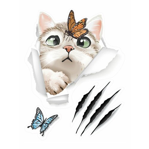 Наклейка интерьерная "Котенок с бабочкой на носу", на холодильник, на унитаз, на дверь, на шкаф, на кухню