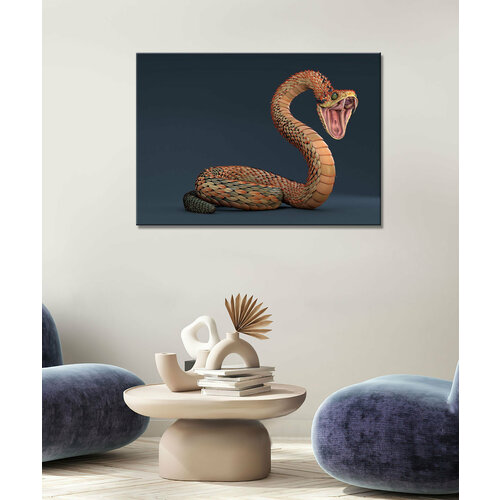 Картина на холсте - змея, арт, пушистая змея, минимализм, на сером фоне, коричневая змея, клыки змеи (114) 30х40