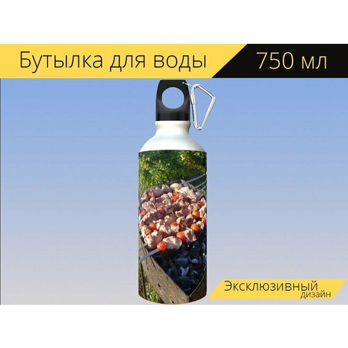 Бутылка фляга для воды "Шашлык, мясо, еда" 750 мл. с карабином и принтом