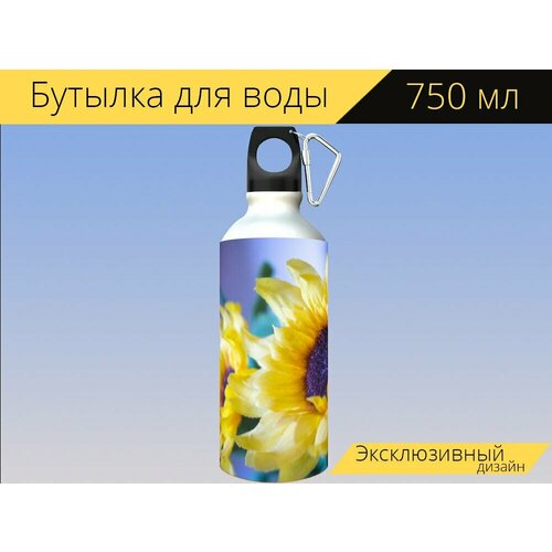 Бутылка фляга для воды "Подсолнухи, искусственный, цветы" 750 мл. с карабином и принтом