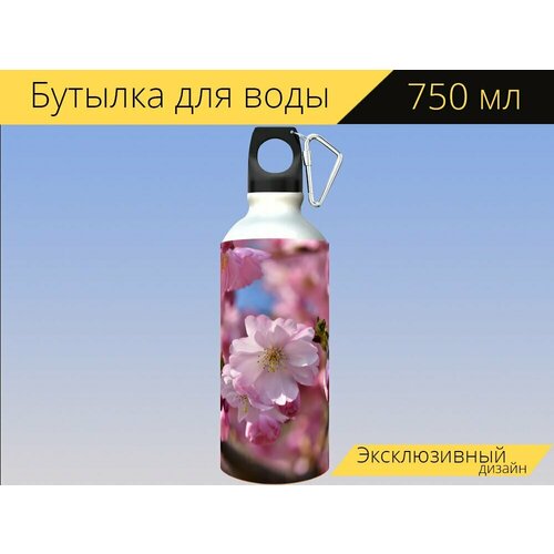 Бутылка фляга для воды "Декоративная вишня, вишни в цвету, цветущая ветка" 750 мл. с карабином и принтом